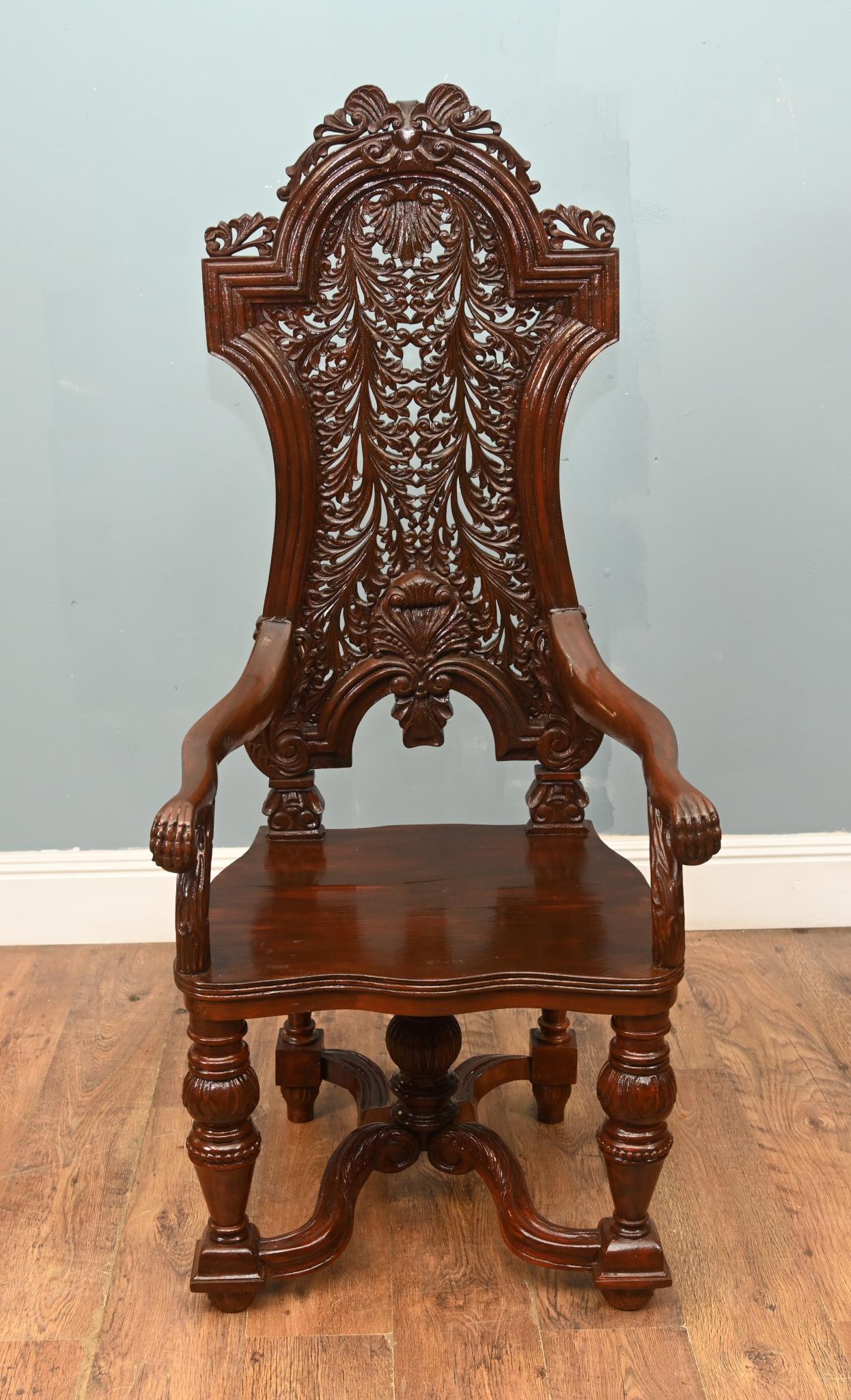 Pair Jacobean Hall Chairs Revival Arm Thrones Carved Oak For Sale at ...