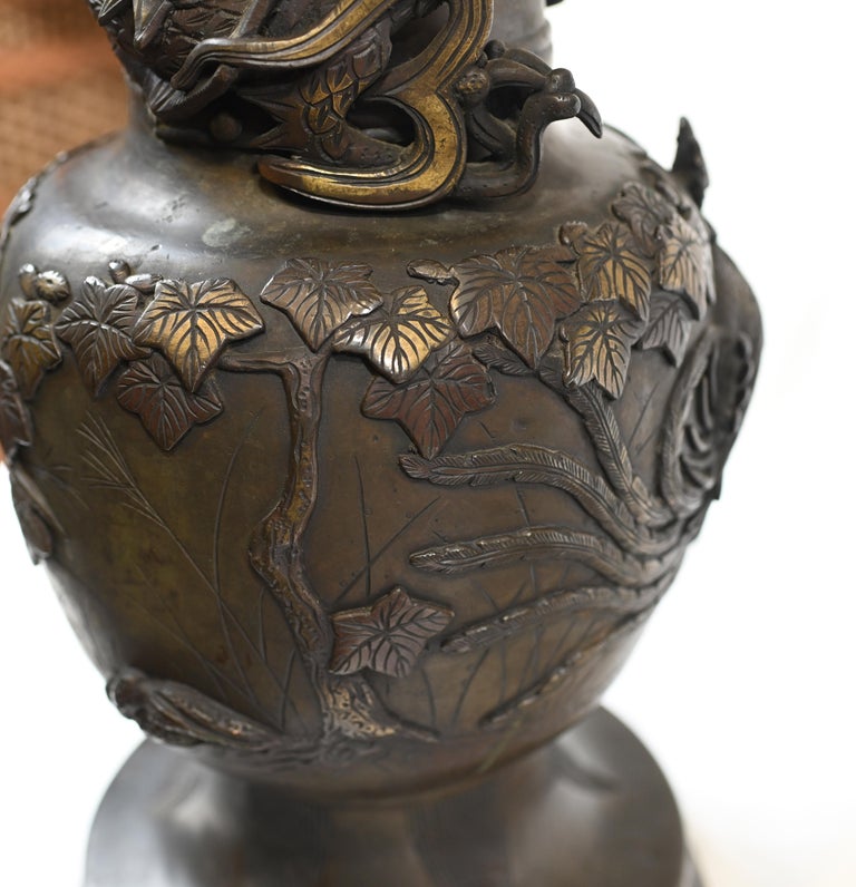 Pair Japanese Bronze Vases Antique Dragon Urns, 1880 For Sale at 1stDibs