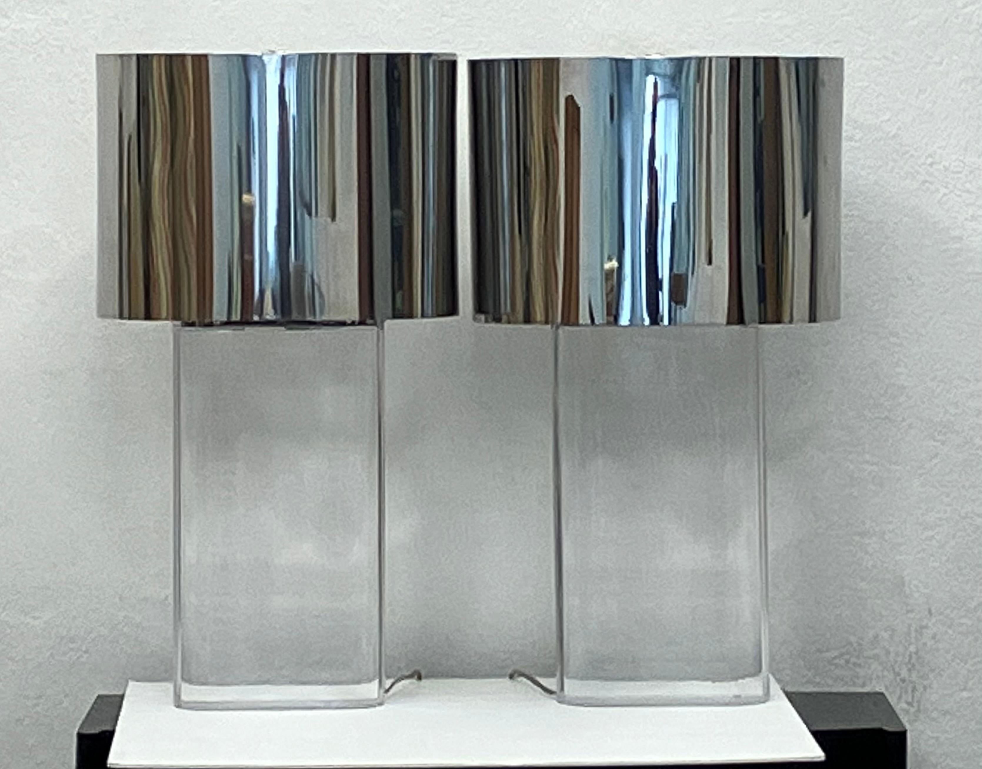 Pair Karl Springer Lucite Table Lamps with Original Polished Steel ...