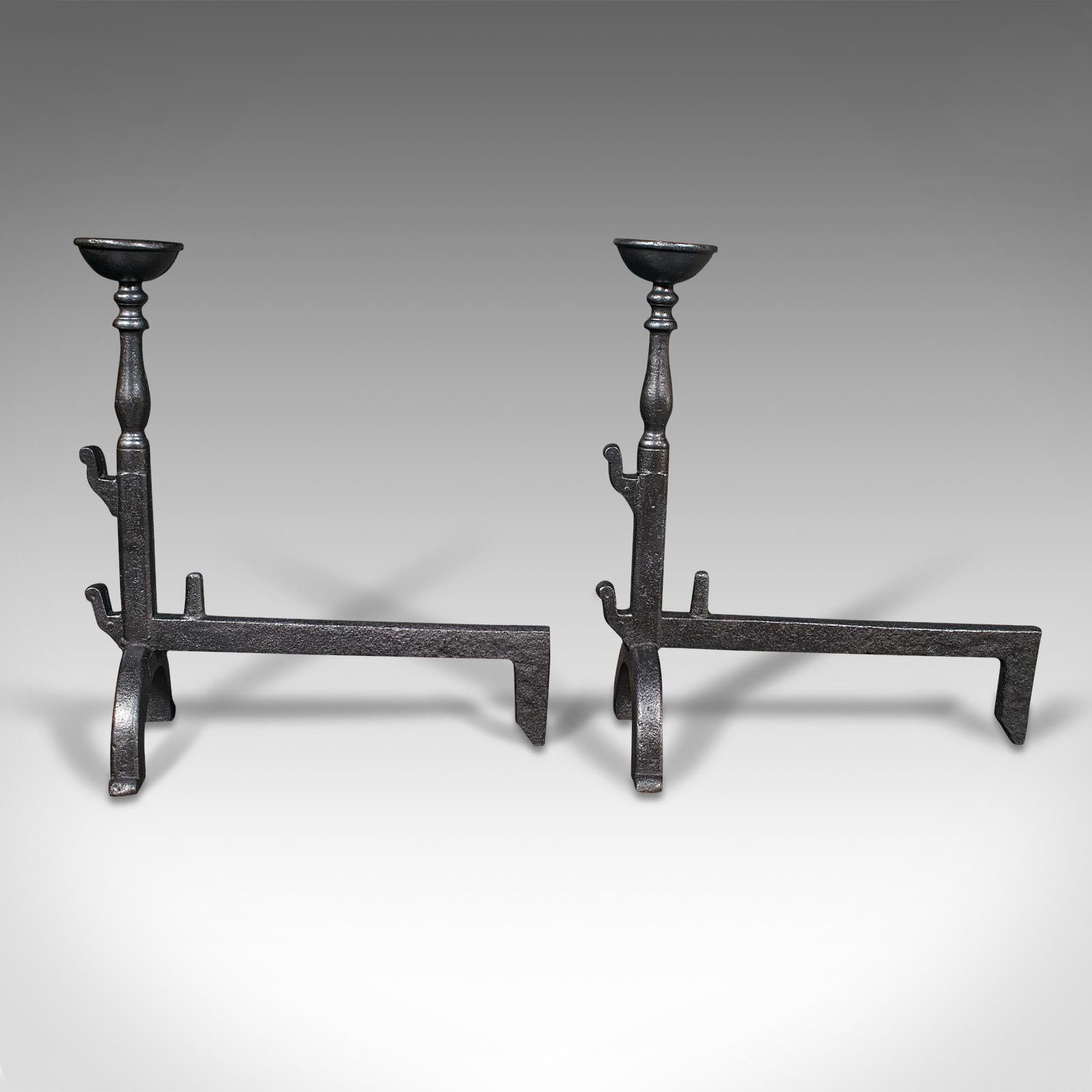 Pair, Large Antique Fire Dogs, English, Cast Iron, Fireplace Andiron ...