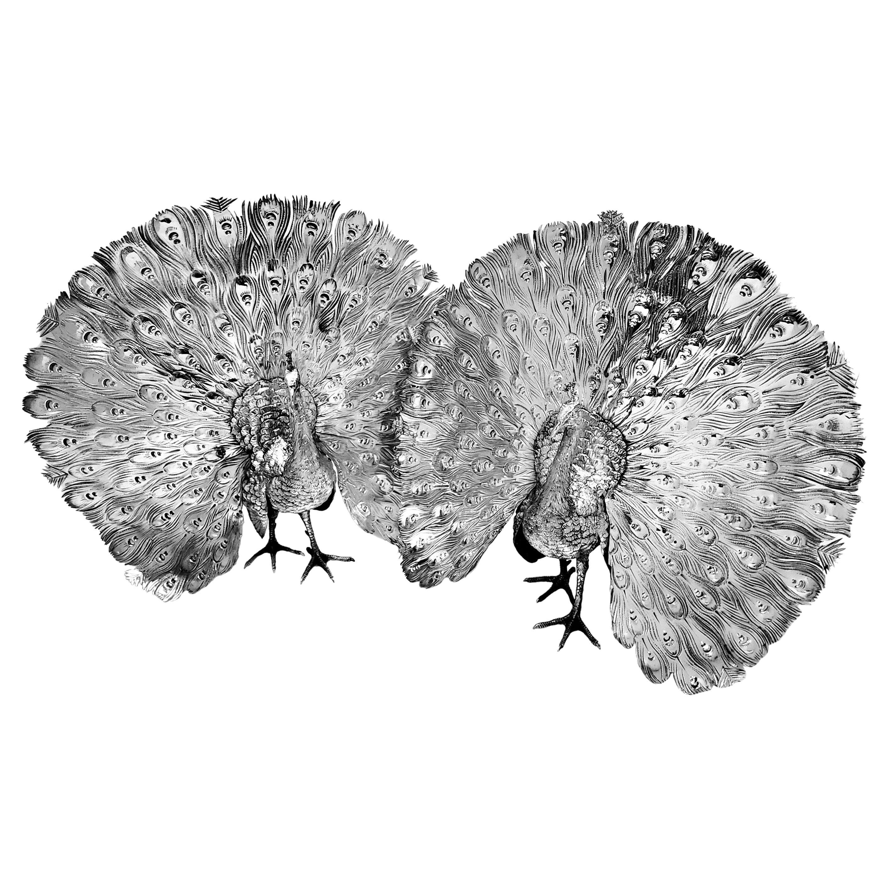 Pair Large Antique German Silver Model Peacocks Bird Figurines Statues ...