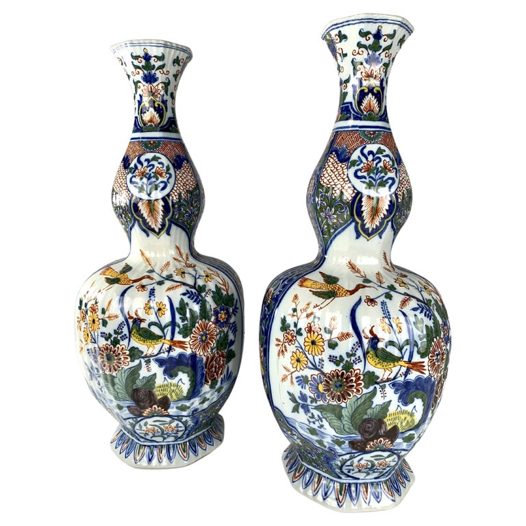 Pair Large Delft Mantle Vases Painted in Polychrome Colors For Sale at ...