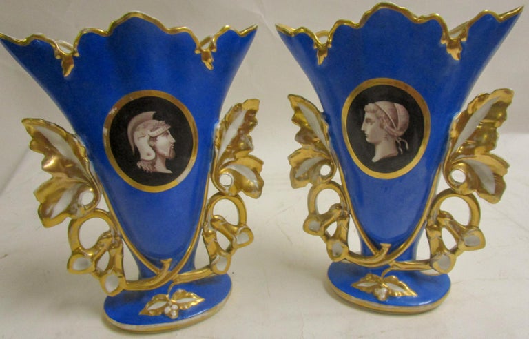 Pair Large Size Old Paris Cobalt Blue Mantle Vases with Classical Greek ...