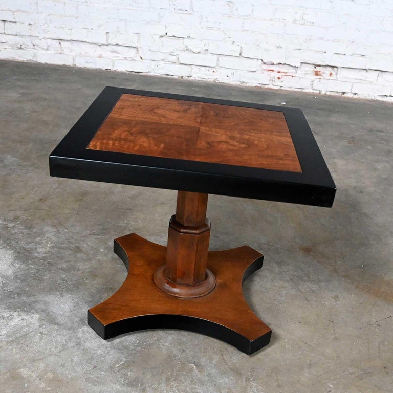 Pair Late 20th Baker Furn Campaign Style Black and Natural Pedestal End ...