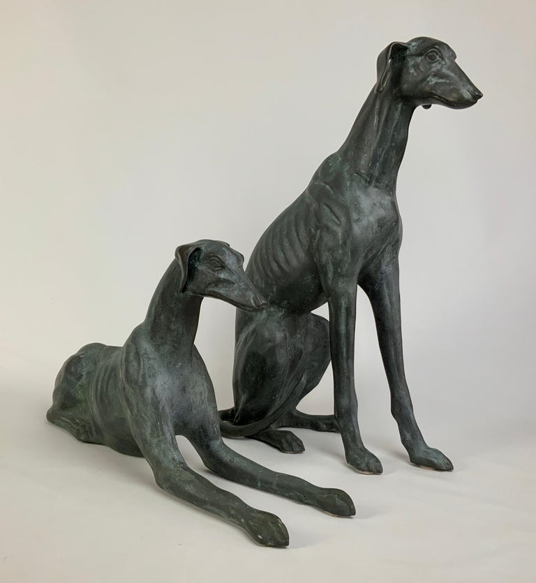 Pair of Life-Size Bronze Whippet Dog Sculptures For Sale at 1stDibs