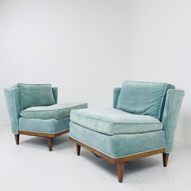 Pair of Light Blue Midcentury Velvet Slipper Wingback Chairs at 1stDibs