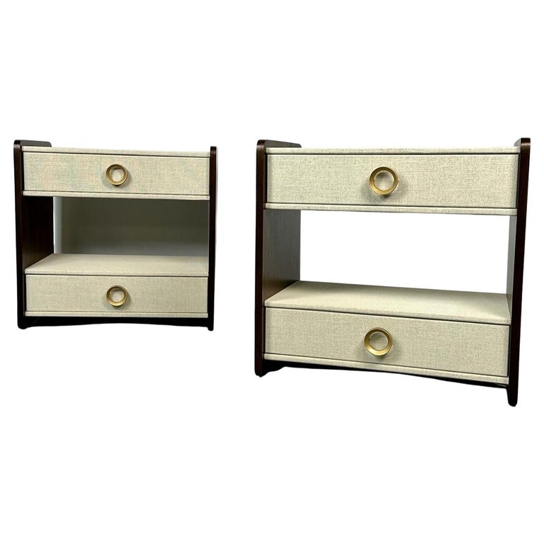 Pair Linen Wrapped Nightstands, End or Side Tables, Beige, Walnut ...