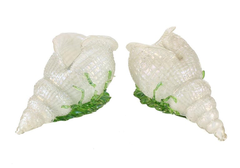 Pair Loetz Applied Threaded Green Iridescent Conch Shells Seaweed, 20th ...