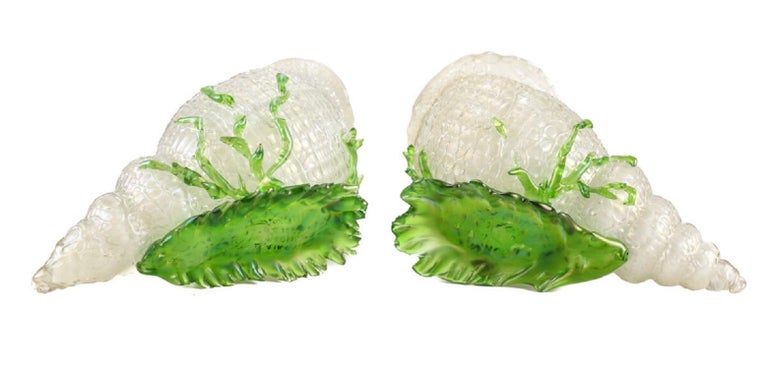 Pair Loetz Applied Threaded Green Iridescent Conch Shells Seaweed, 20th ...