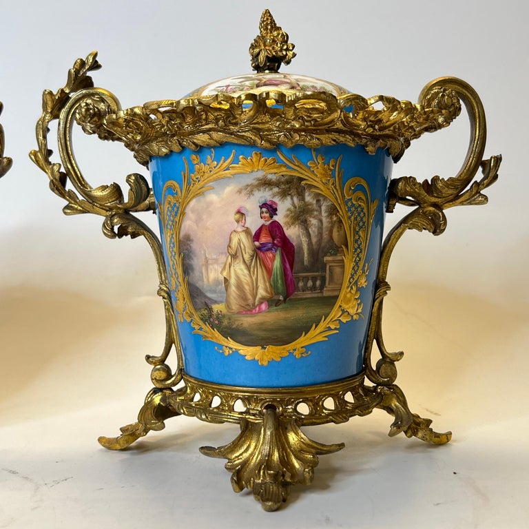 Pair Louis XVI Sevres Style Bronze Mounted Porcelain covered Cachepots ...