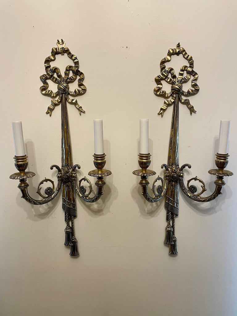 Pair Louis XVI Style Bronze Bow and Tassel Sconces For Sale at 1stDibs