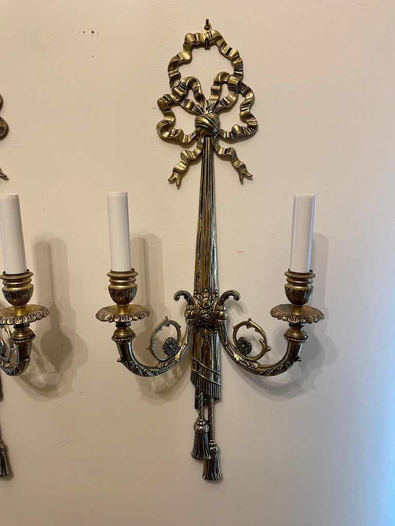 Pair Louis XVI Style Bronze Bow and Tassel Sconces For Sale at 1stDibs