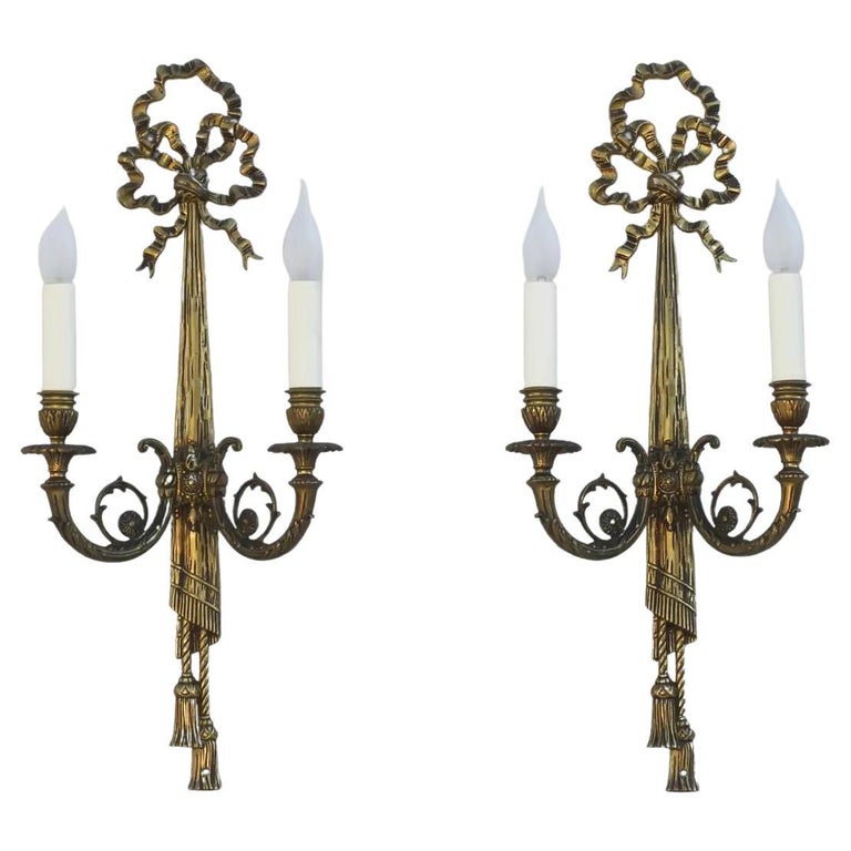 Pair Louis XVI Style Bronze Bow and Tassel Sconces For Sale at 1stDibs