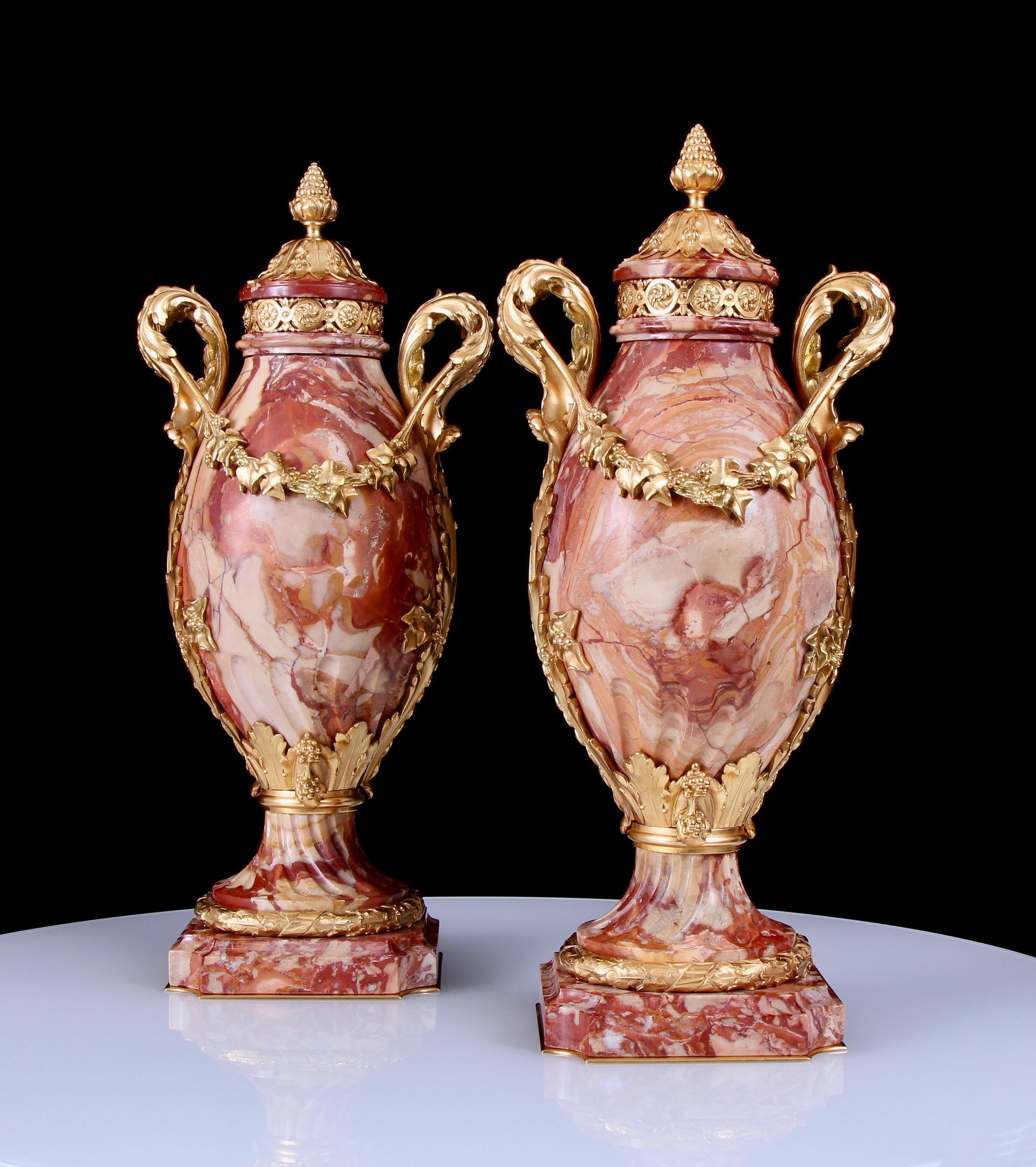 Pair Louis XVI Style Gilt Bronze and Sicilian Jasper Marble Urns By ...