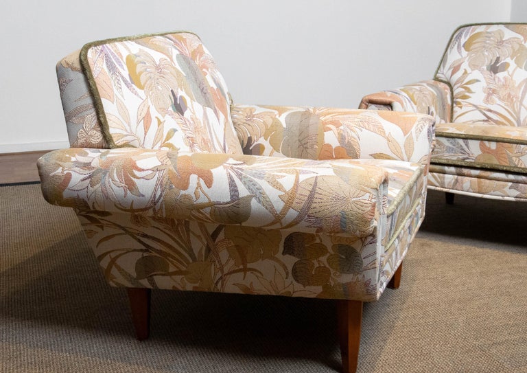 Pair Low Back Lounge Chairs Upholstered Floral Jacquard Fabric From ...