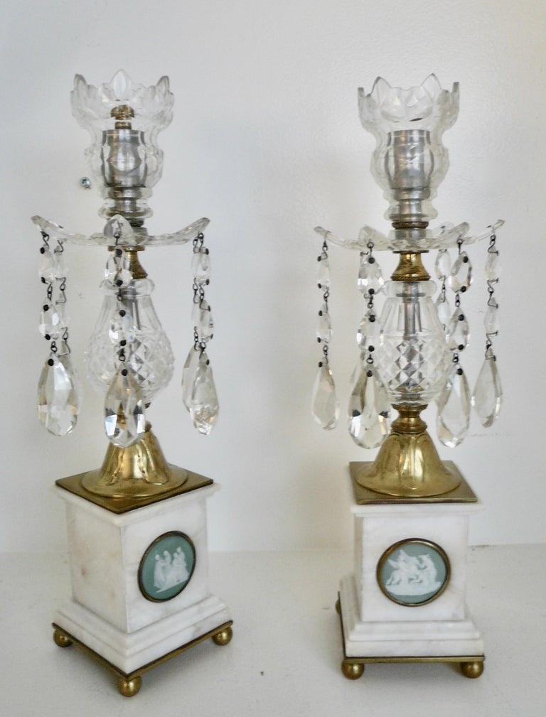 Pair Marble, Jasper Ware and Crystal Lustres, or Candlesticks For Sale ...