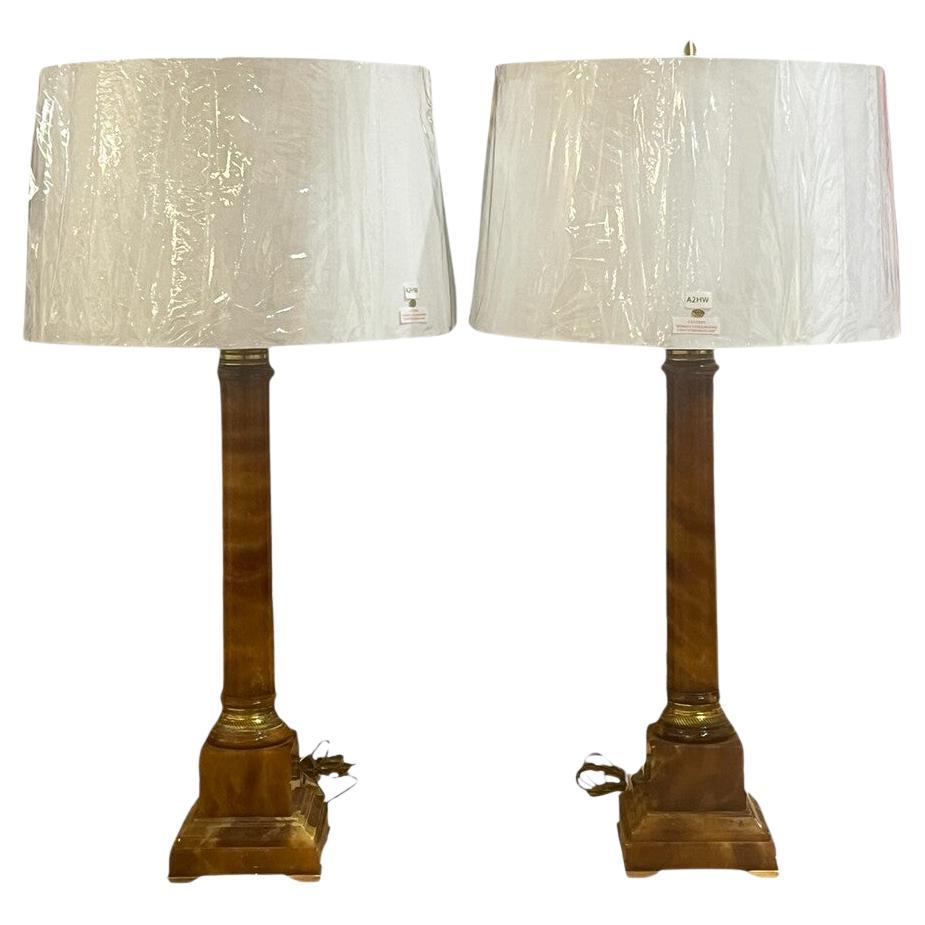 Pair Marbro Amber Alabaster Column Lamps For Sale at 1stDibs