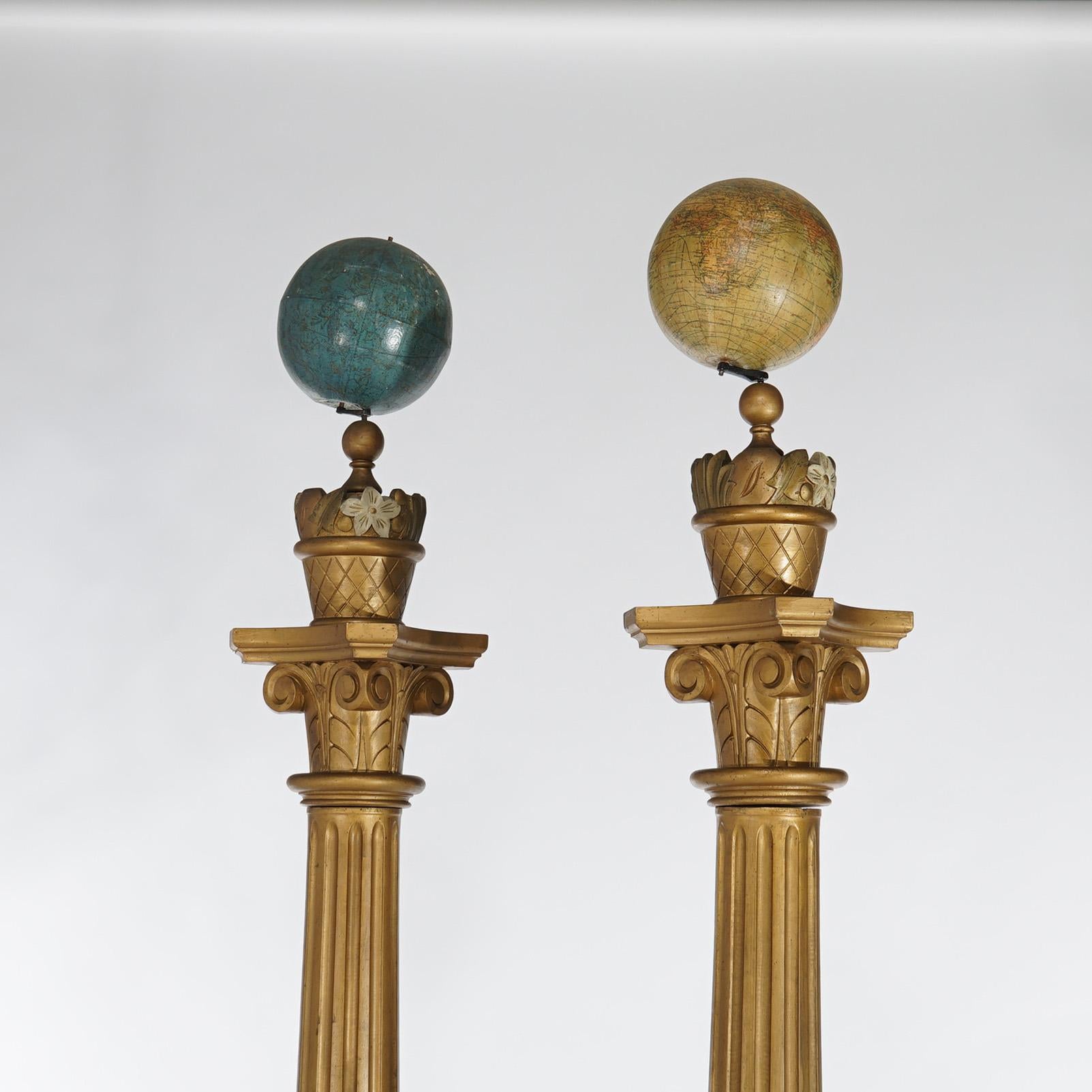 Pair Masons Classical Giltwood Columns with Globes by Henderson-Ames ...