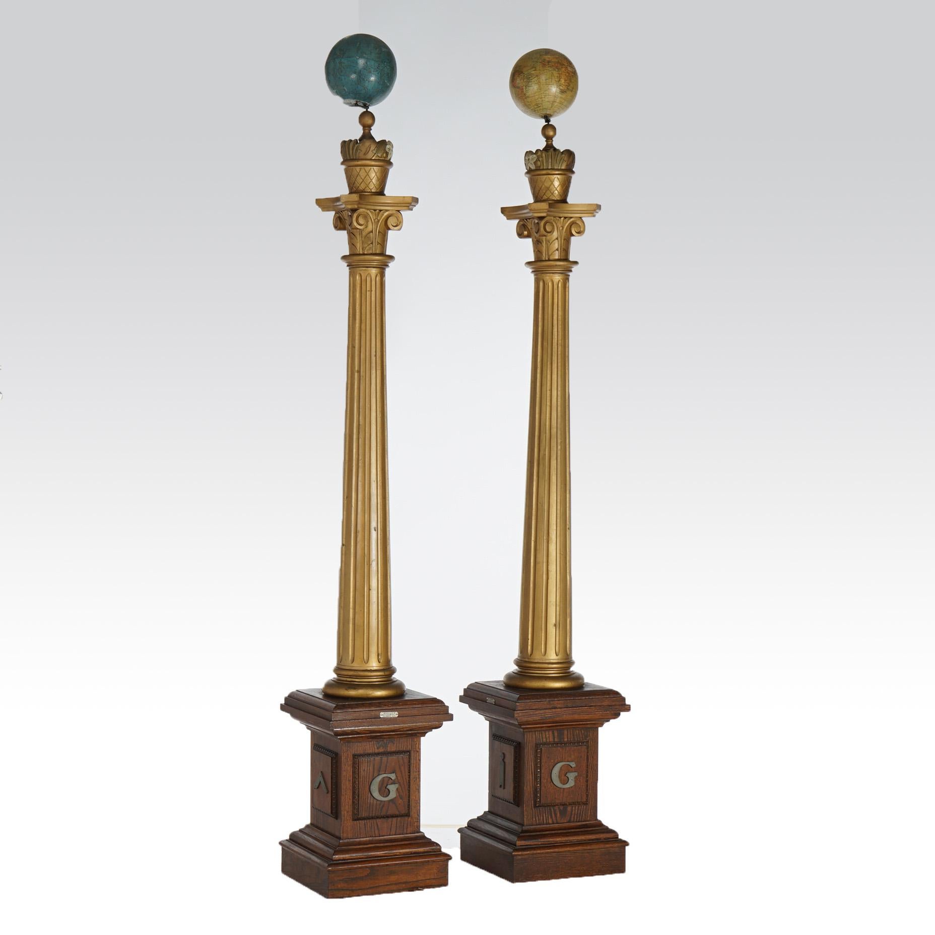 Pair Masons Classical Giltwood Columns with Globes by Henderson-Ames ...