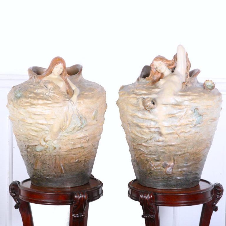 Pair Massive Art Nouveau Frederique Goldscheider Vases with Sirens or ...