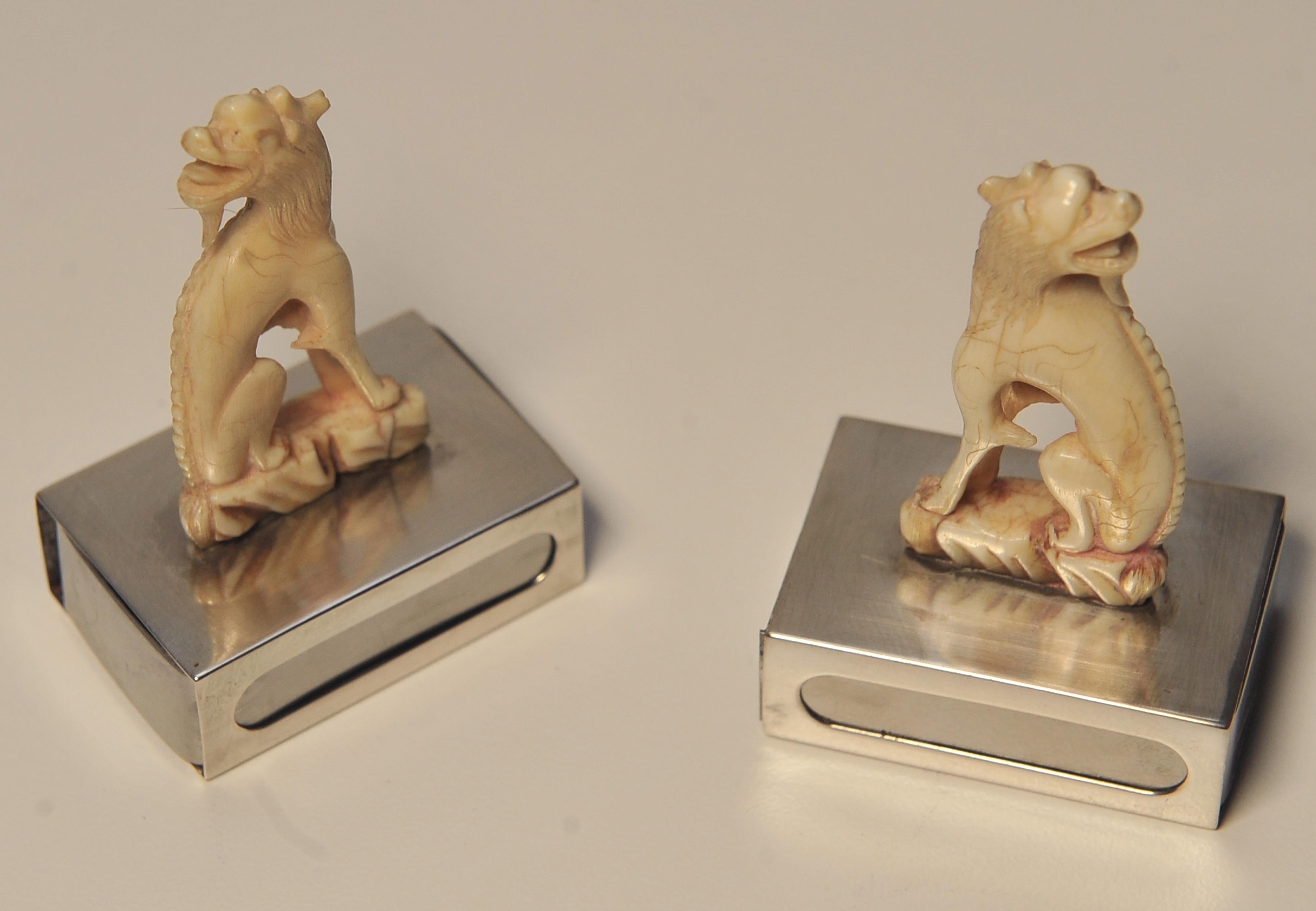 Pair Matching Ivory Chinese Dogs of Foo Matchstick Holders Silver Bases ...