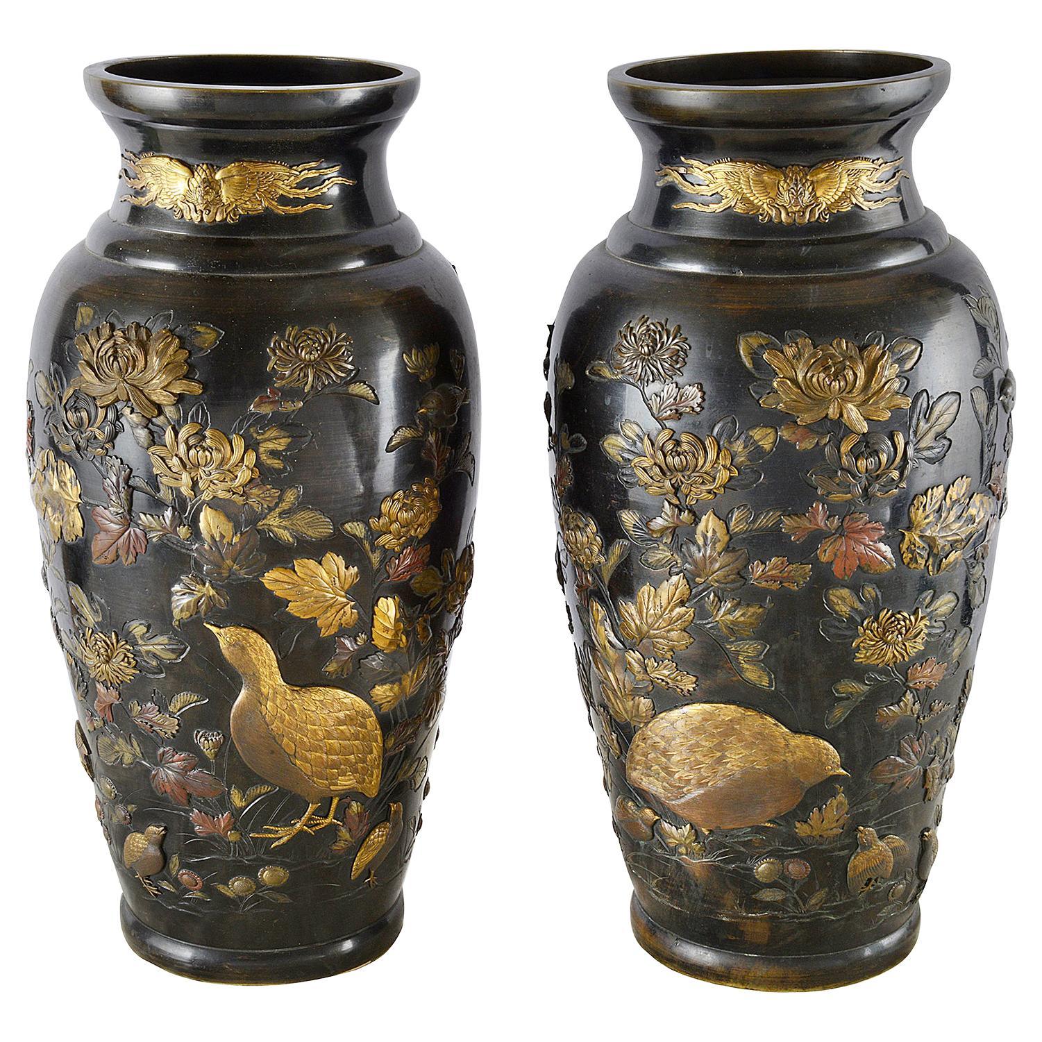 Japanese Meiji Period Bronze Mixed Metal Inlay Rooster Vases For Sale ...