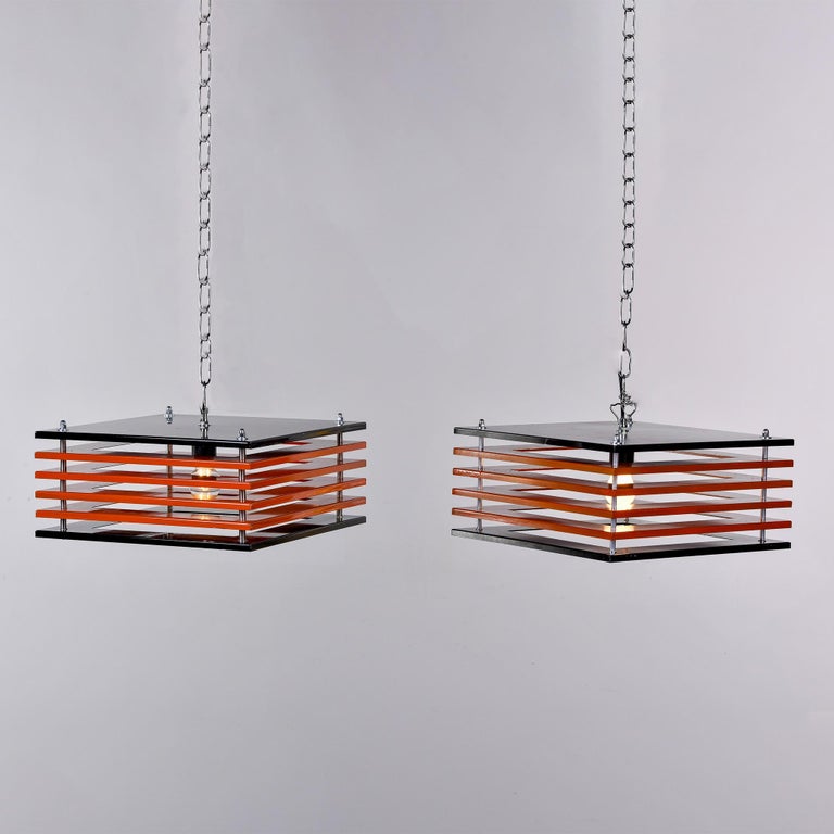Pair Mid Century Italian Black and Orange Square Metal Pendant Lights ...