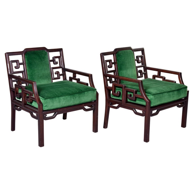 Pair Mid Century James Mont Style Arm Chairs with New Emerald Velvet ...