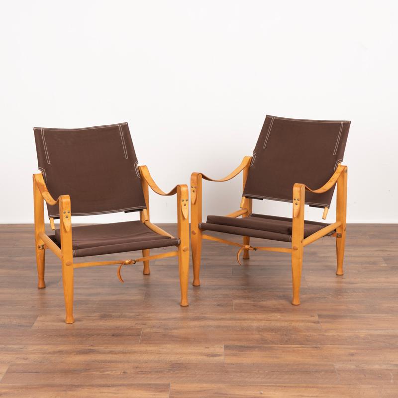 Pair, Mid Century Kaare Klint Safari Chairs in Brown Canvas and Ash ...