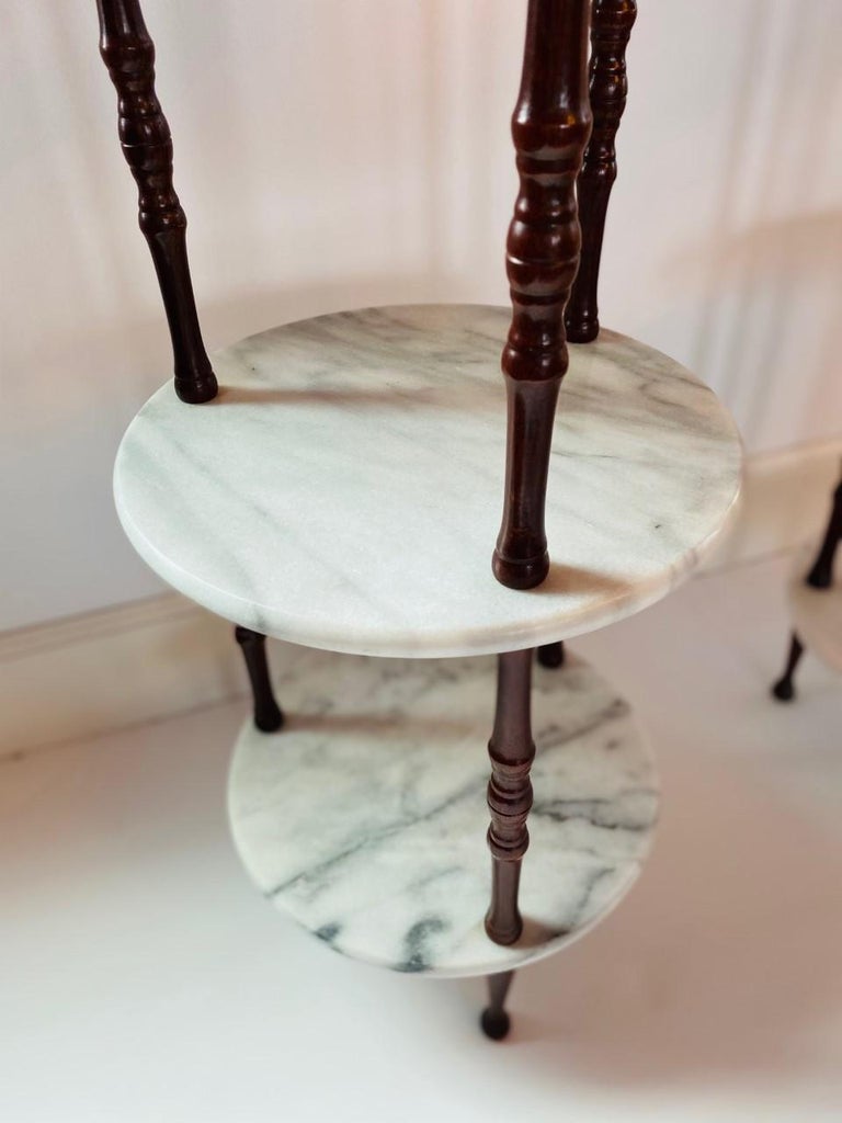 Pair of Midcentury Marble and Wood Spindle 3-Tier Tables at 1stDibs
