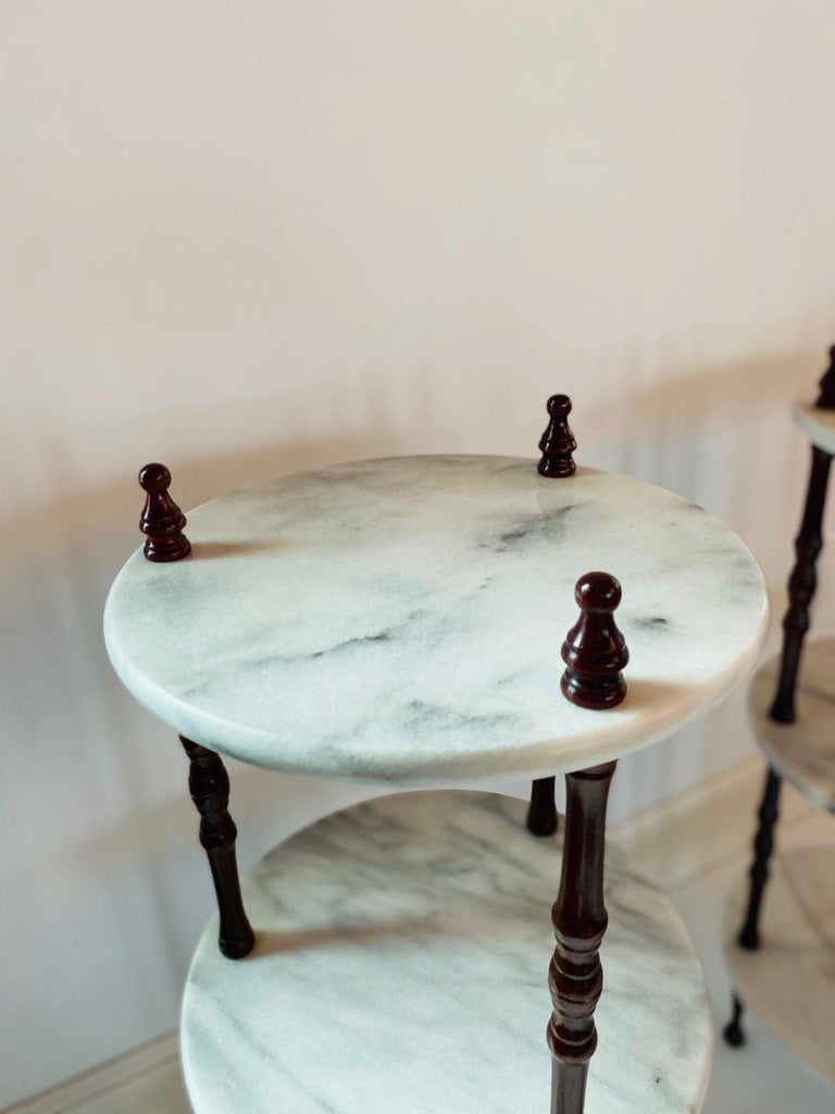 Pair of Midcentury Marble and Wood Spindle 3-Tier Tables at 1stDibs