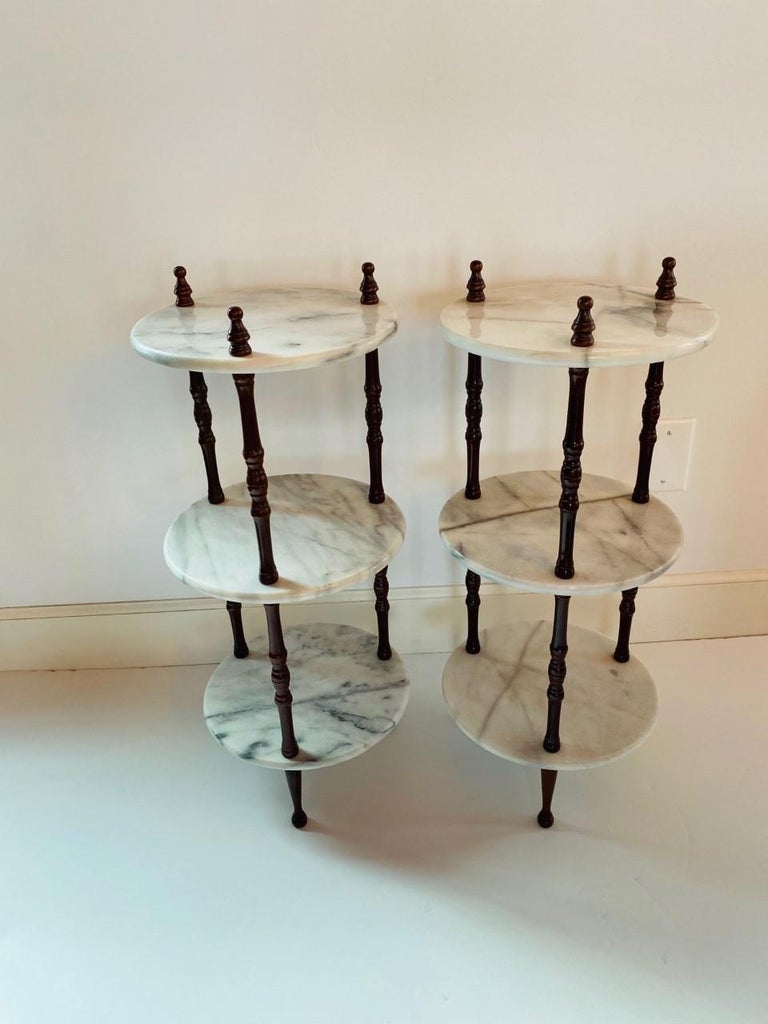 Pair of Midcentury Marble and Wood Spindle 3-Tier Tables at 1stDibs
