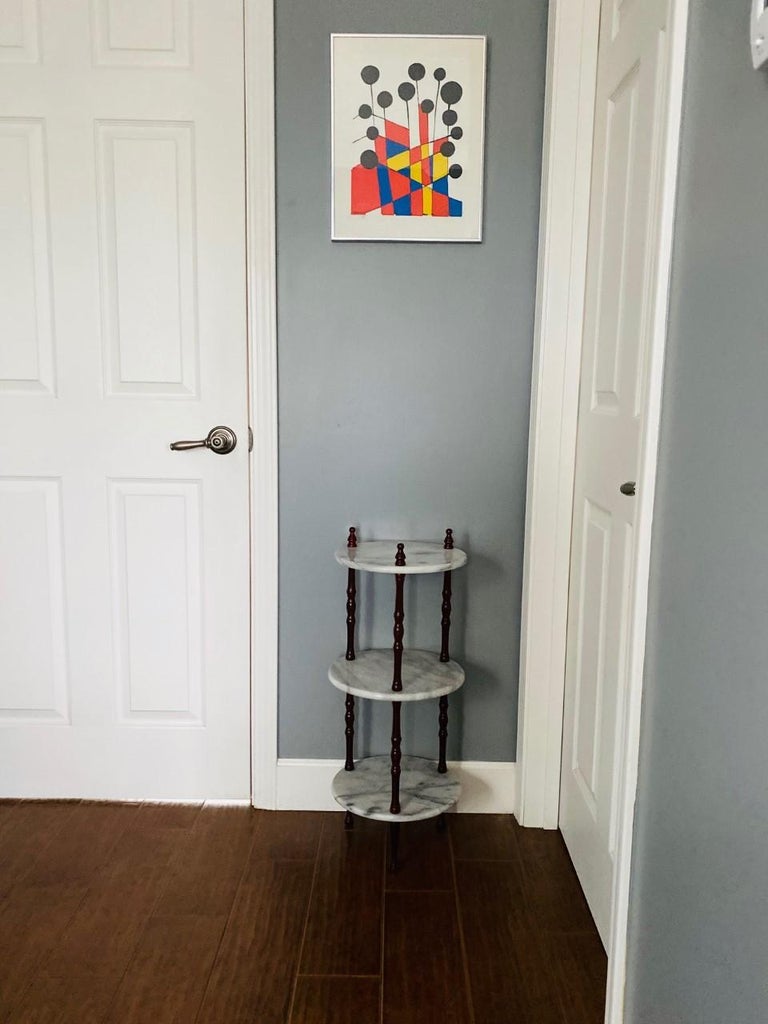 Pair of Midcentury Marble and Wood Spindle 3-Tier Tables at 1stDibs