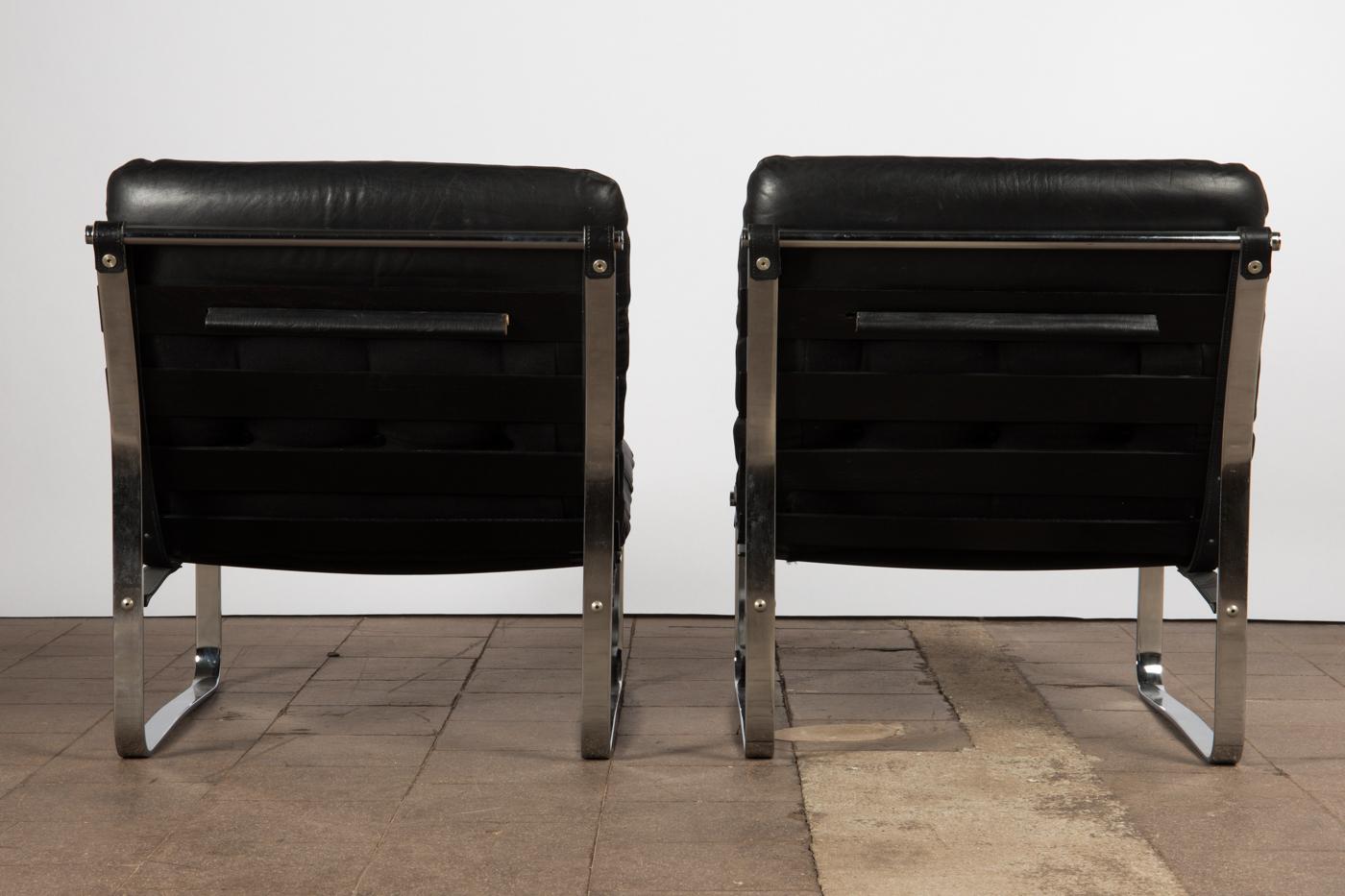 Pair of Mid-Century Modern, Black Leather Spring Lounge Chairs by ...
