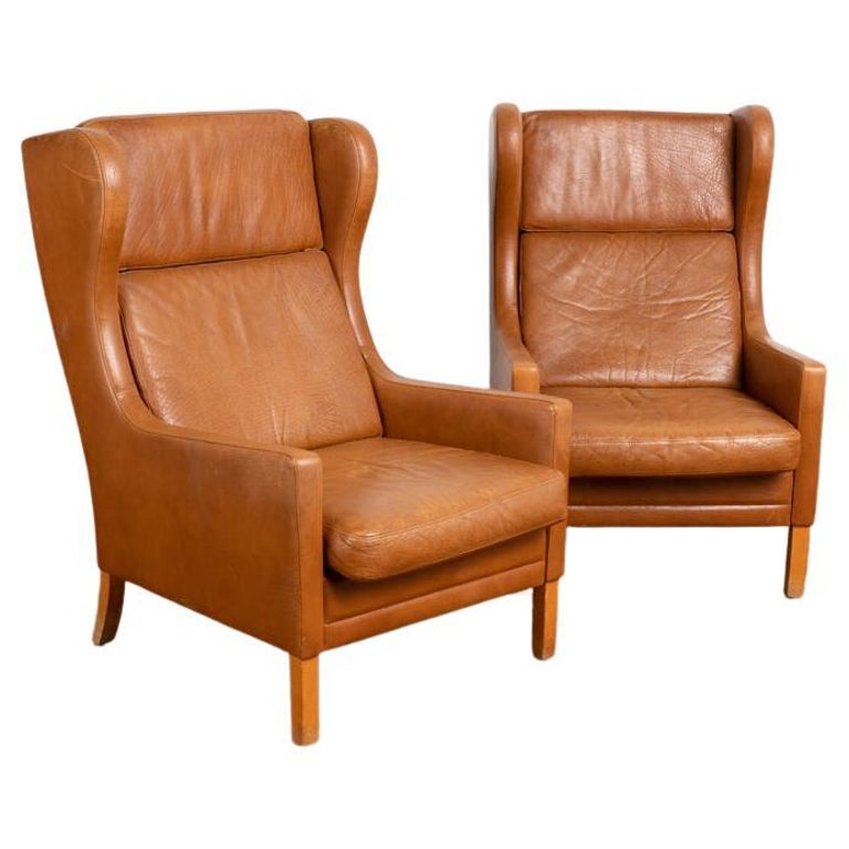Pair, Mid Century Modern Brown Leather Ear Flap Club Chairs by Mogens ...