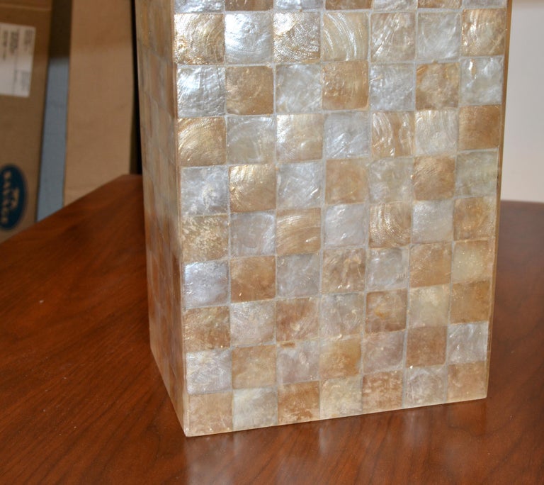 Pair, Mid-Century Modern Capiz Shell Over Wood Square Table Lamps For ...