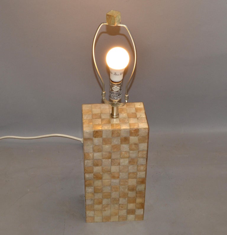 Pair, Mid-Century Modern Capiz Shell Over Wood Square Table Lamps For ...
