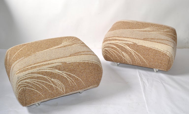 Pair, Mid-Century Modern Low Footstools Ottomans Bouclé Fabric 4 Chrome ...
