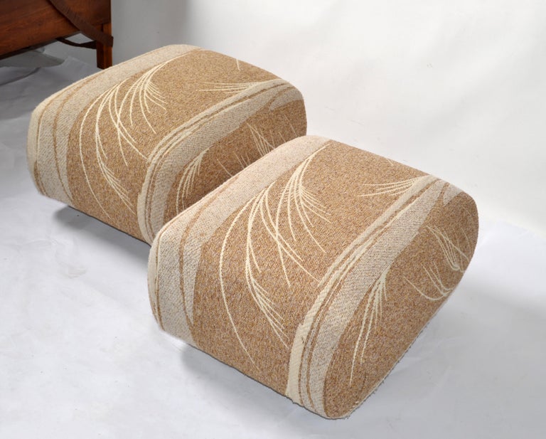 Pair, Mid-Century Modern Low Footstools Ottomans Bouclé Fabric 4 Chrome ...