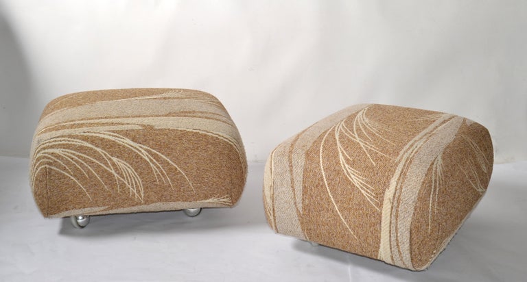 Pair, Mid-Century Modern Low Footstools Ottomans Bouclé Fabric 4 Chrome ...