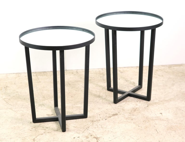 Pair Mid-Century Modern Steel Round Tables Mirror Tops For Sale at 1stDibs