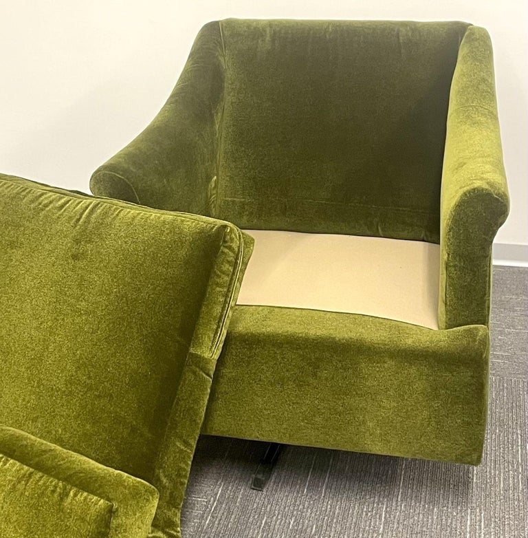 Pair Mid-Century Modern Swivel Arm, Lounge Chairs, Olive Green Velvet ...