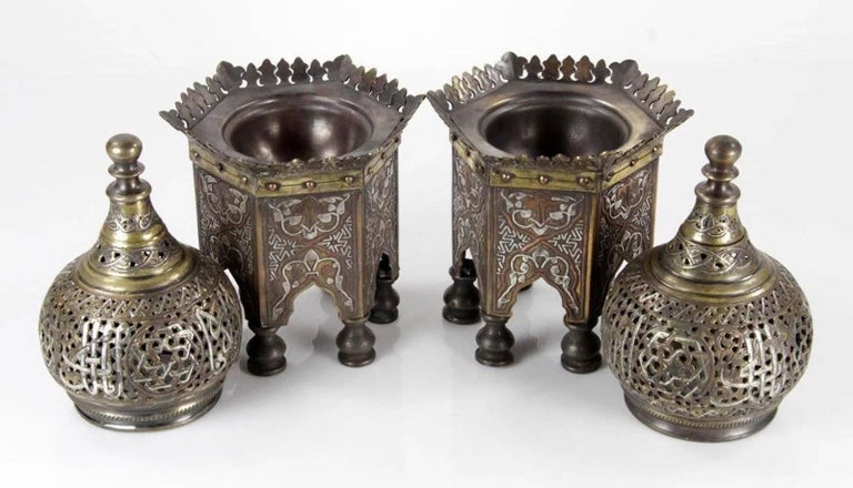 Pair of Middle Eastern Islamic Silver Damascene Inlaid Incense Burners ...