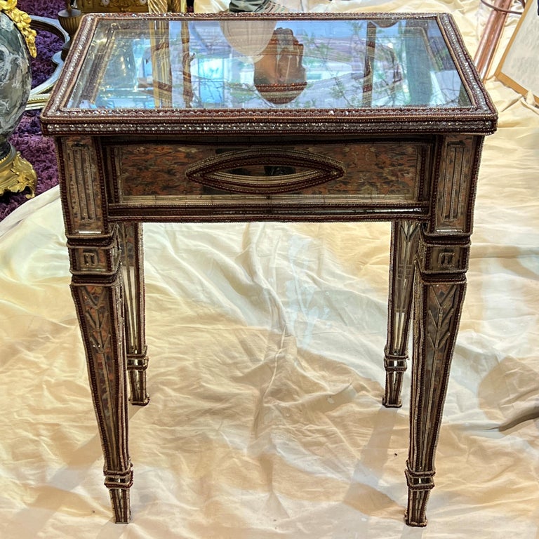 Pair Mirrored and Beaded Glass Side Tables For Sale at 1stDibs