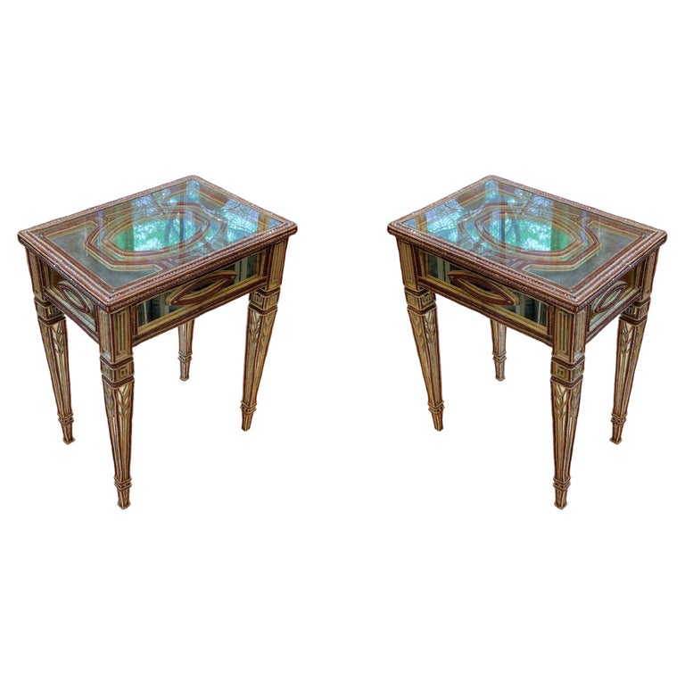Pair Mirrored and Beaded Glass Side Tables For Sale at 1stDibs