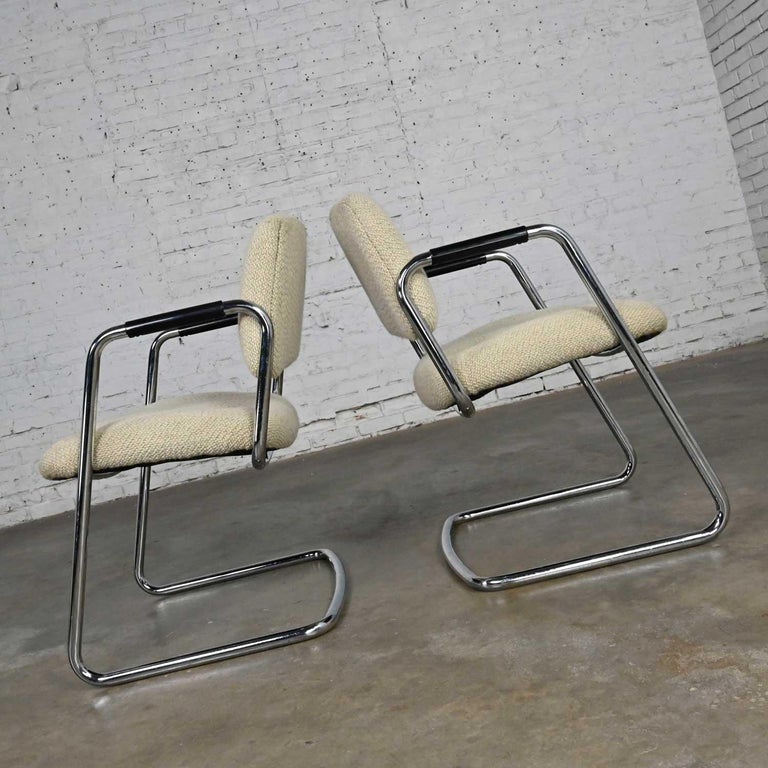 Pair Modern Chrome Cantilever Chairs Oatmeal Hopsacking Steelcase Model ...