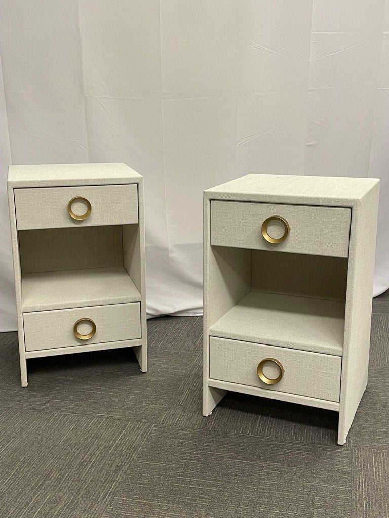 Pair Modern White Linen Wrapped Nightstands, End, Side Tables, Brass ...