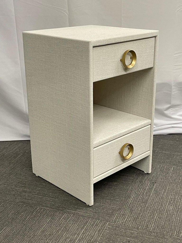 Pair Modern White Linen Wrapped Nightstands, End, Side Tables, Brass ...