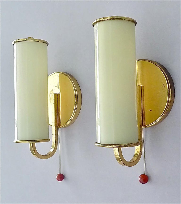Pair Modernist Bauhaus Sconces Tynell Style Brass Yellow Tube Glass ...
