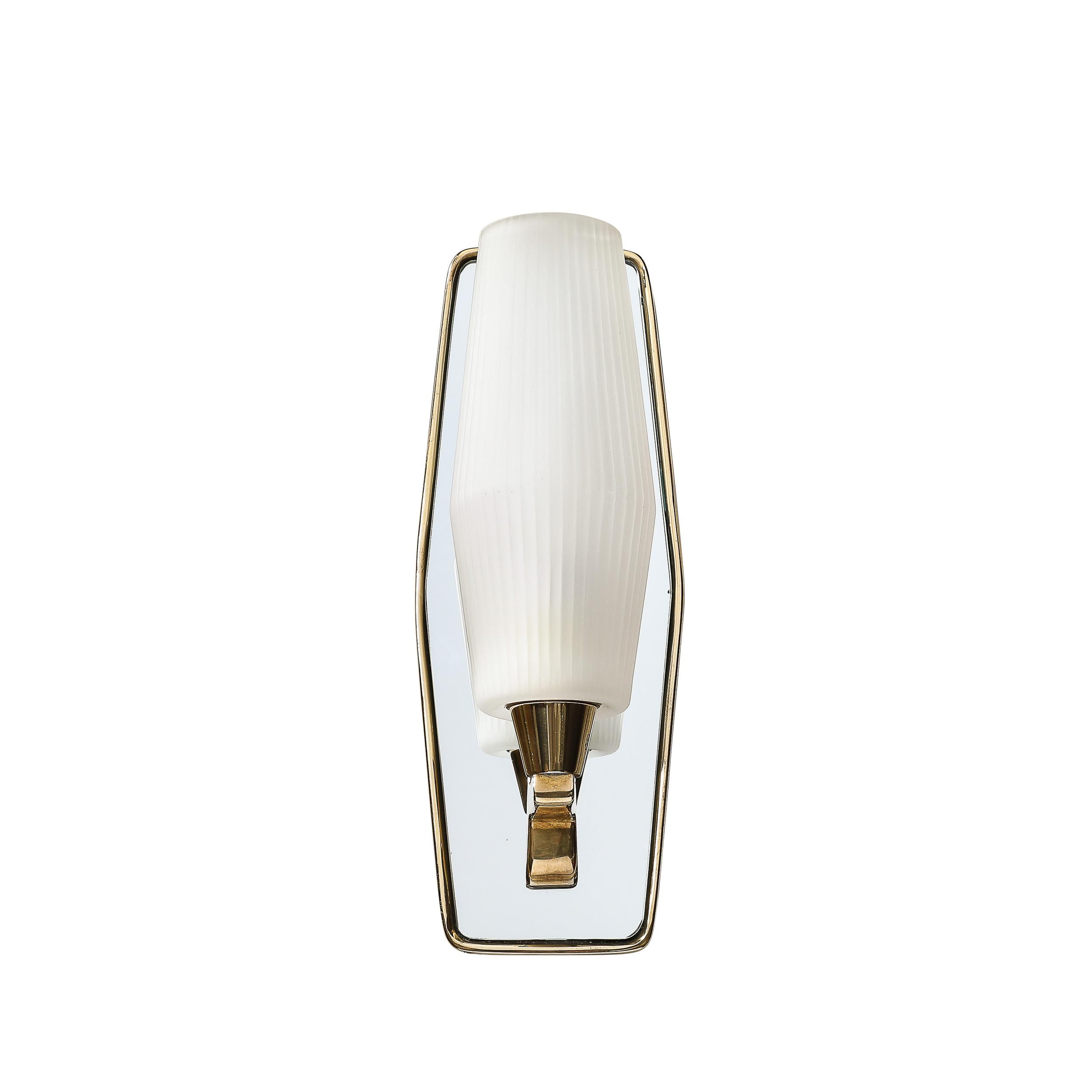 Pair Modernist Frosted Glass and Brass Sconces with Mirrored Frame at ...